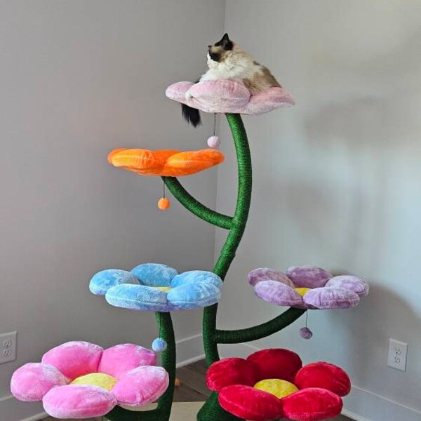 Wood Floral Cat Tree Tower, Wooden Cat Tower, Modern Cat Climbing Tree ...