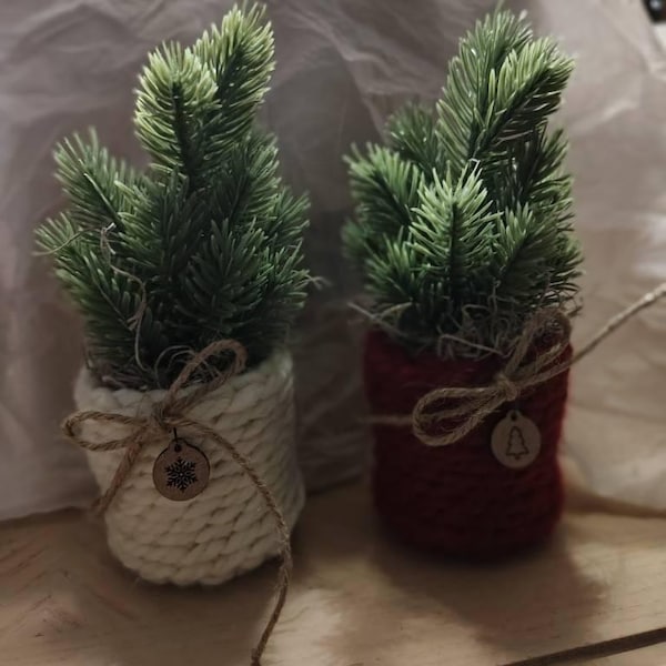 Mini Farmhouse Faux Christmas Tree Crochet Planter Sweater Cozy Winter ...