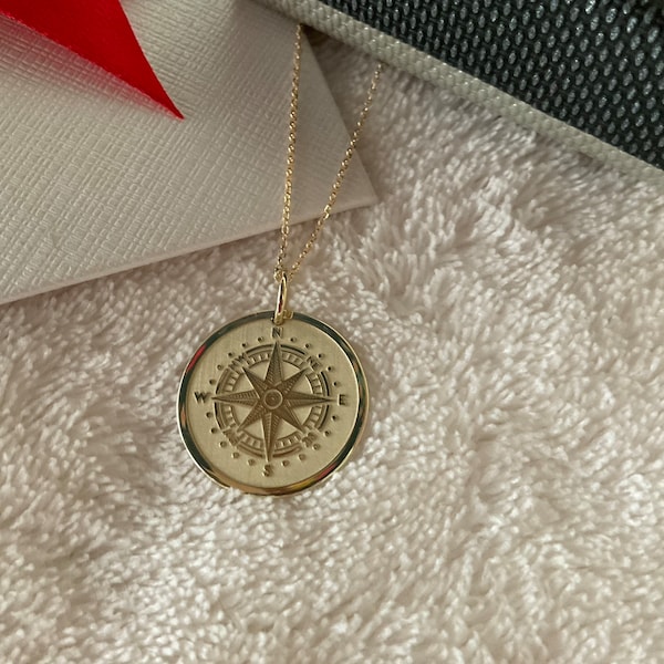 14K Solid Gold Compass Necklace, Gold Coin North Star Compass Pendant ...