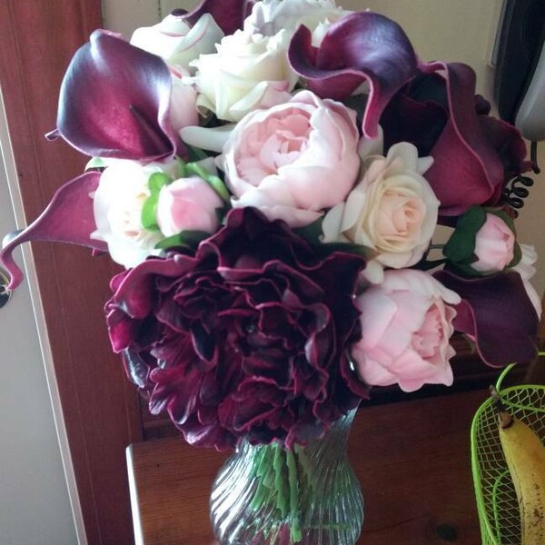 Dark Burgundy Peonies, Real Touch PU Flowers, DIY Silk Wedding, Bridal ...