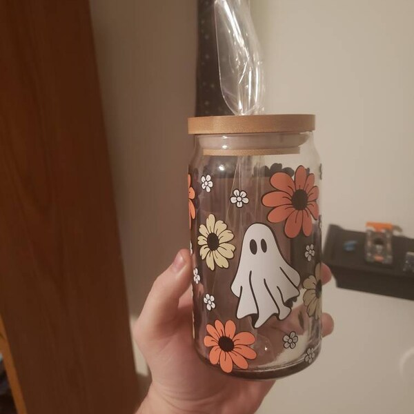 Halloween Black Cat Ghosts Glass Tumbler, Iced Coffee Glass, 16 Oz ...