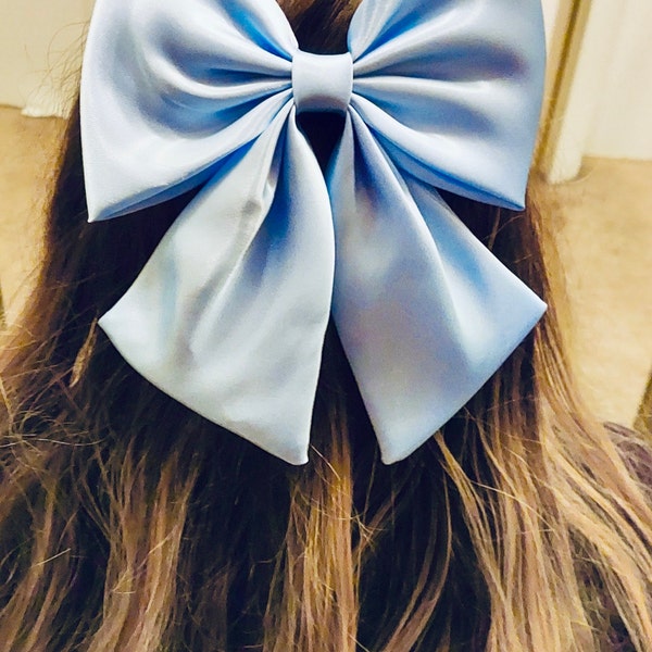 Light Blue Satin Hair Bow for Women or Girls. Large Satin Hair Bow for ...