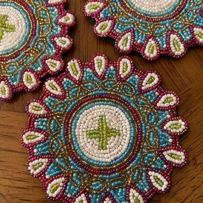 Set of 6 Floral Multi Colored Coasters, Handmade Beaded Coasters ...