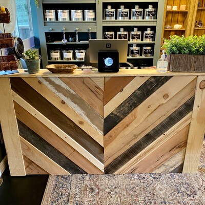 Vertical Oak Wood Slats Counter, Wood Retail Counter With One Shelf ...