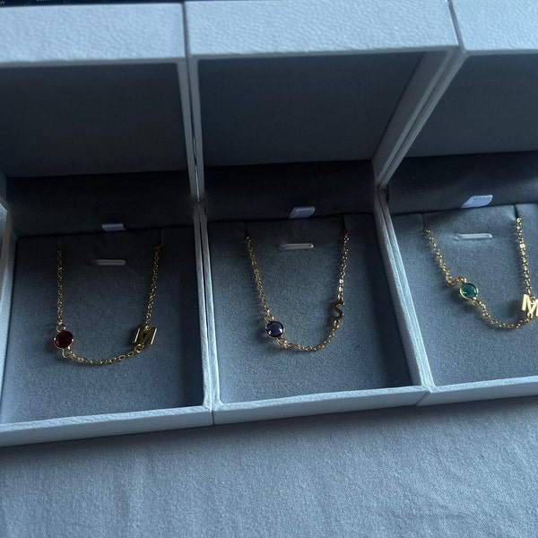 Birthstone Initial Necklace,initial Necklace,birthstone Letter Necklace ...