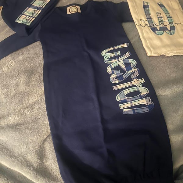 Personalized Embroidered Baby Boy Gown, Hat, and Burp Cloth Set ...