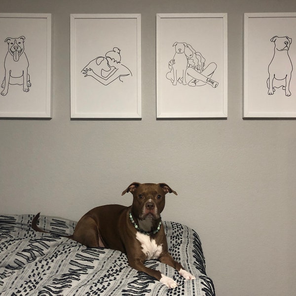 Pitbull Sit Position One Line Art Print. Printable Black and White ...