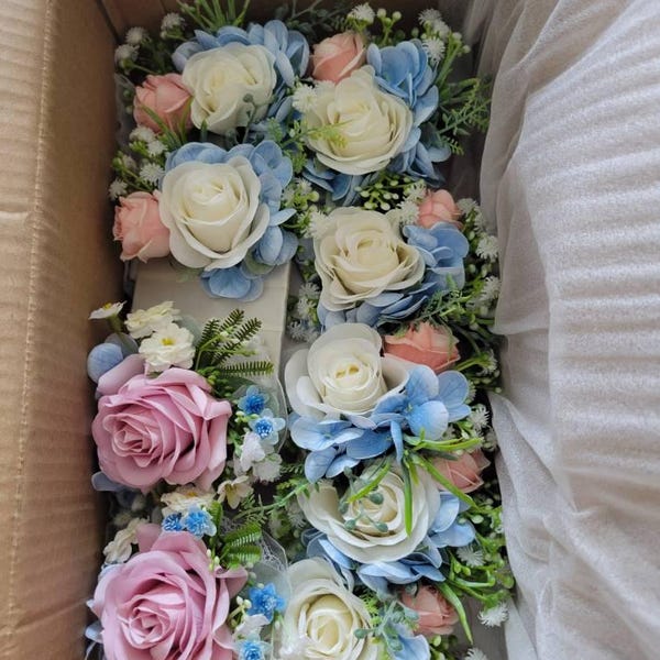 Fake Light Blue & Rose Pink Wildflower Bridal Bouquet/boutonniere ...