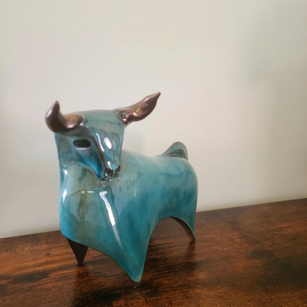 Ceramic Blue Bull Sculpture, Unique Handmade Gift, Minimalist Animal ...