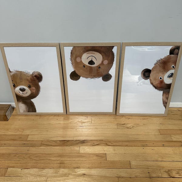 Bear Print Nursery Wall Art - Peeking Bear Posters, Peekaboo Kids Room ...
