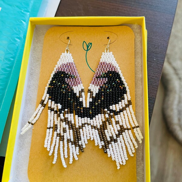 Megan Raven Fringe Earring // Beaded Crow Earring // Hand Beaded Bird ...