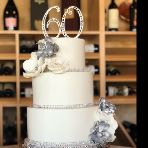 New Large 5 Crystal Rhinestone NUMBER SIXTY 60 Cake Topper Silver 60th ...