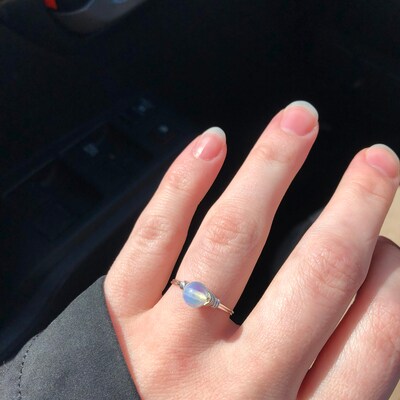 Wire Wrapped Opalite Ring, Opalite Jewelry, Opal Bead Ring, Blue Opal Crystal Rings, Stone Wire ...
