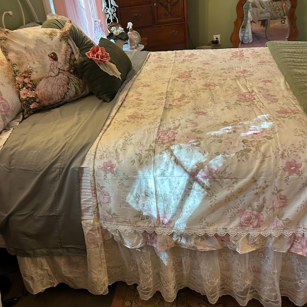 Shabby Chic Floral Cotton Bedskirt Bedding Set A85 Ruffled Pink Rose ...
