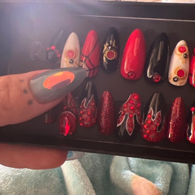 Red Flames Fake Nails Glossy Red Black Press on Nails Coffin Glue on ...