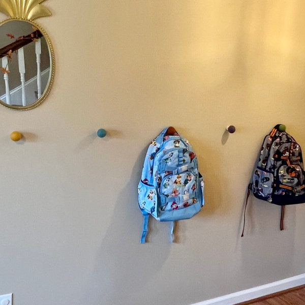 Pastel Rainbow Set of 7 Round Wood and Wool Wall Coat Hooks, Rainbow ...