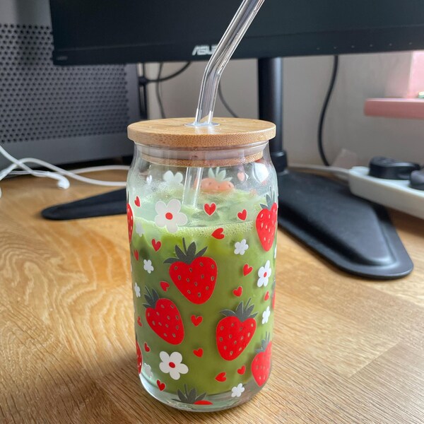 Strawberry Flowers Glass Can, Cute Iced Coffee Glass Bamboo Lid, Cute ...