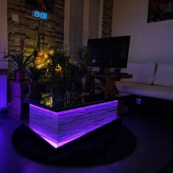 Stone Model Coffee Table With Led Lights - Glass Top - Etsy