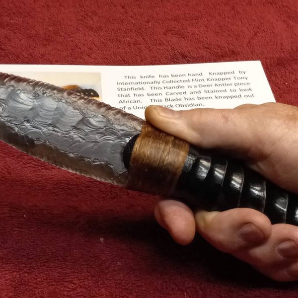 Large Knapped Glass Bowie Knife With Deer Antler Handle Flint Knapping ...