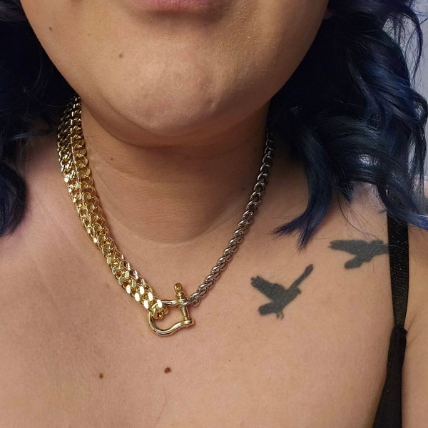 Thick Silver Chain Necklace Two Tone Double Chain Necklace Silver Cuban ...