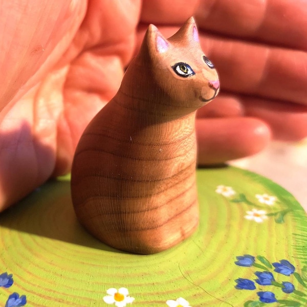 Small Wooden Figurines "the Sitting Cat" - Little Wood Statue - Hand ...