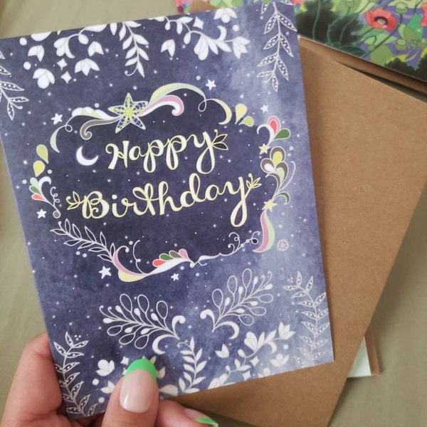 Starry Birthday Greeting Card Moon and Stars Greeting Cards Cynla Paper ...