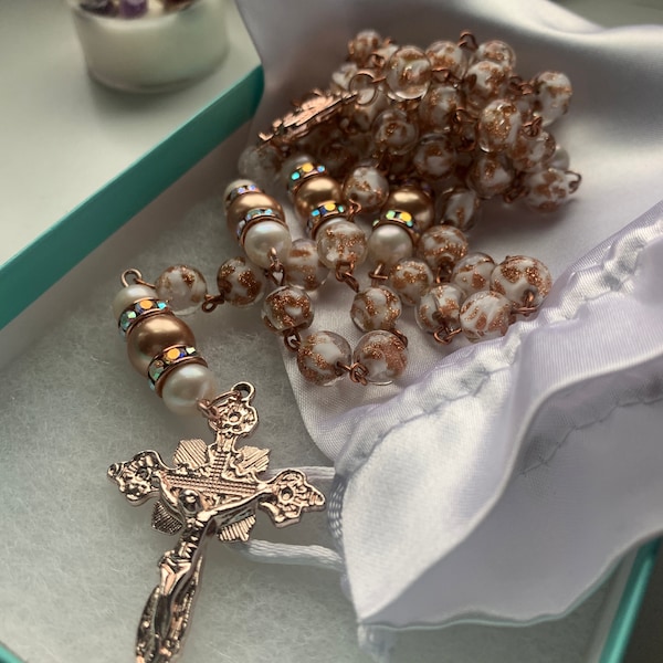 Catholic Rosary, Rose Quartz, Pink, White, Ceramic Porcelain Rose ...