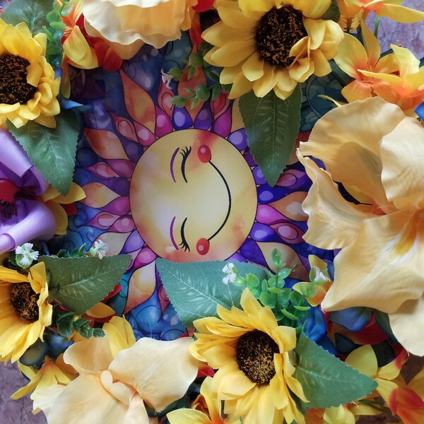 Smiling Sun Wreath Sign, Metal Wreath Sign, Round Wreath Sign, Summer ...