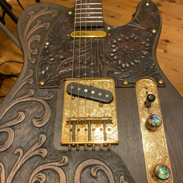 Custom Tooled Leather Distressed Brown Pickguard Backplate Combo Fits ...