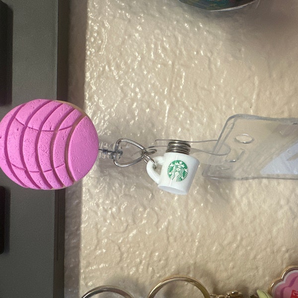 Pink Concha Badge Reel With Coffee Cup Charm | Handmade Polymer Clay ...