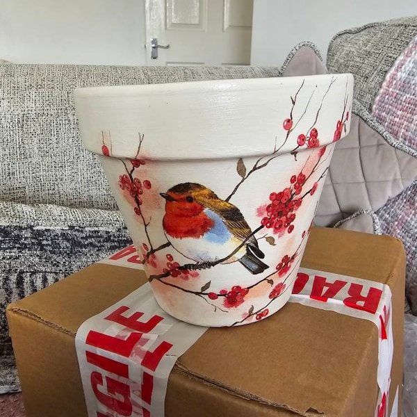 Personalised Robin Plant Pot, Decoupage Bird Flower Pot, Indoor Outdoor ...