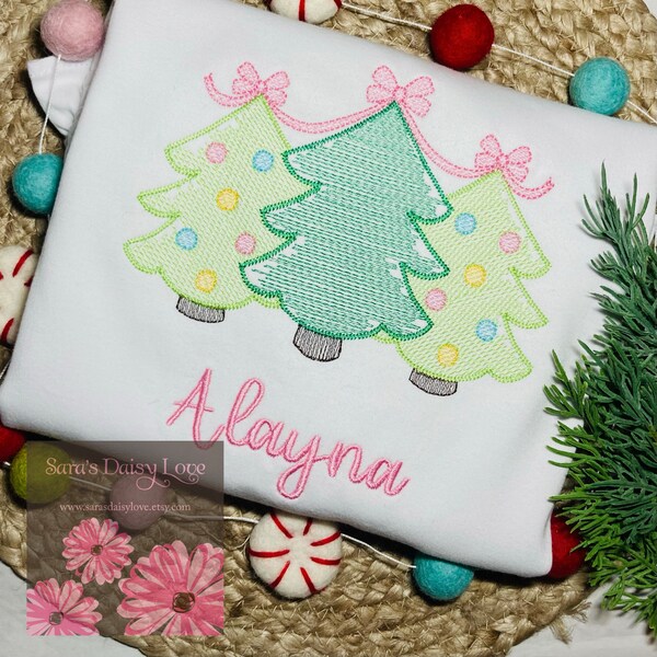 BUNDLE Christmas Tree Trio With Bows & Stars Watercolor Sketch Stitch ...
