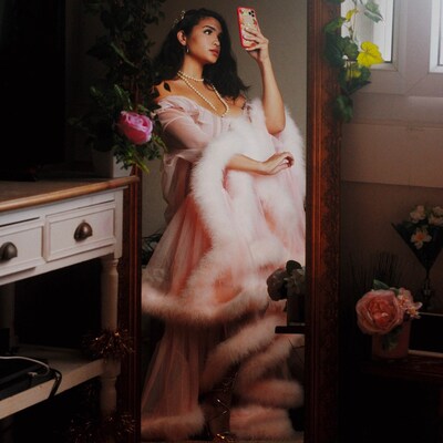 Peach Tulle Luxury Marabou Feather Dressing Gown, Boudoir Burlesque ...