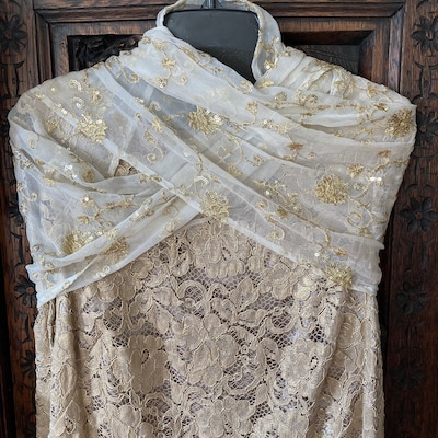 Gold Shawl. Gold Scarf. Gold Sequins Floral Shawl. Gold - Etsy