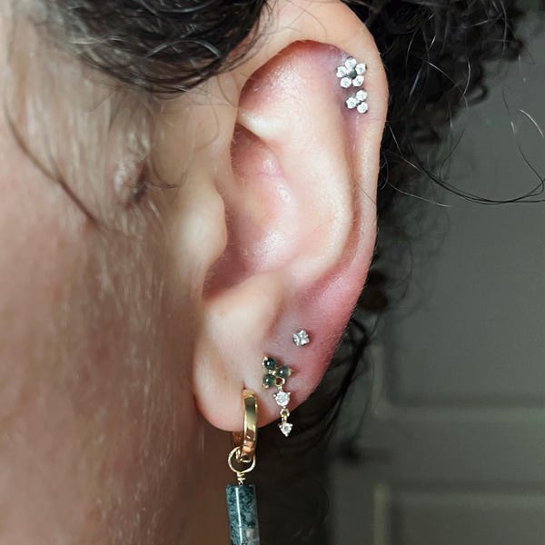 14K Solid Gold Moss Agate Rook Eyebrow Earring 3 Marquise Flower Curved ...