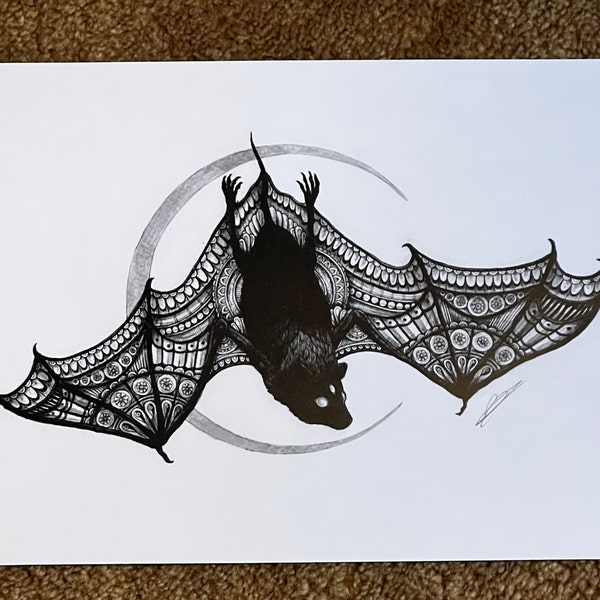 Zentangle Bat Black and White Art Digital Print, Detailed Ink Pen ...