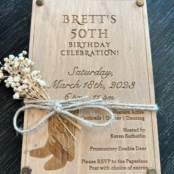 Rustic Wooden Wedding Invitations - Custom Engraved With Jute, Metal ...