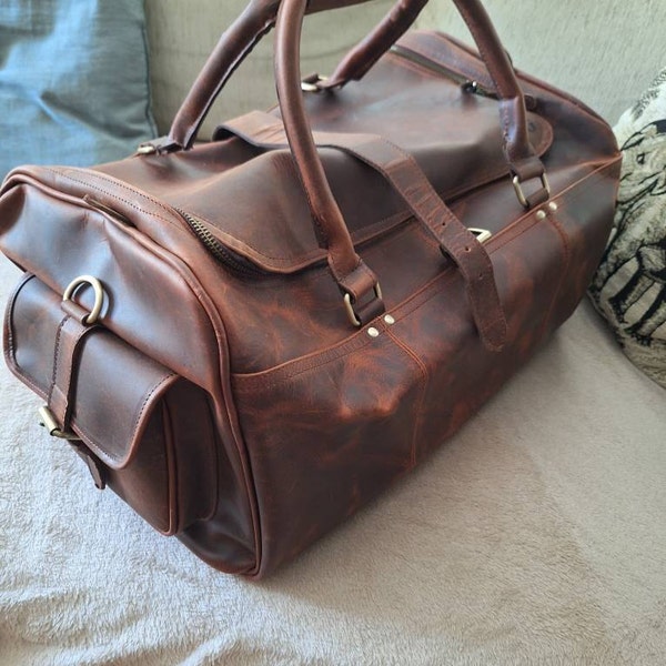 Handmade Full Grain Leather Duffle Bag, Laser Engraved Weekender Carry ...