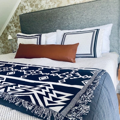 Navy Throw Blanket, Aztec Throw Blanket, Fringed, Navy Sofa Throw, Navy ...