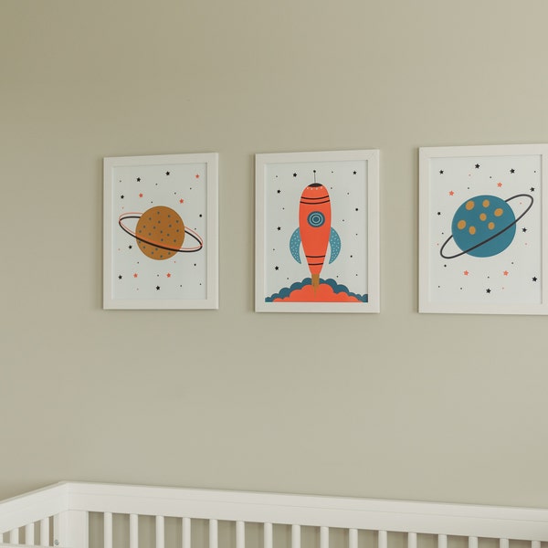 Outer Space Boy's Room Decor, Space Rockets Planets Stars, Yellow Blue ...
