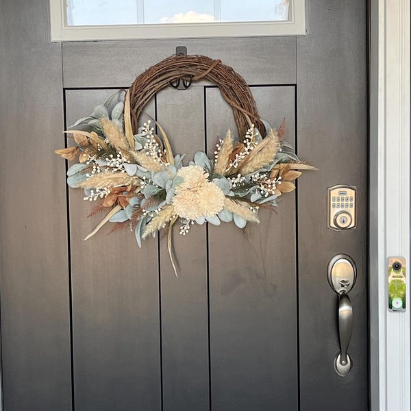 Boho Pampas Grass Eucalyptus Wreath for Front Door With Lamb's Ear and ...