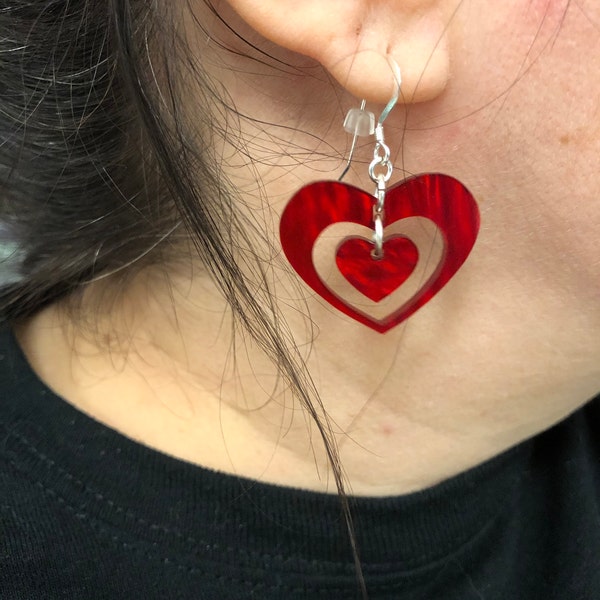 Red Nesting Hearts Acrylic Earrings, Laser Cut Love Statement Earrings ...