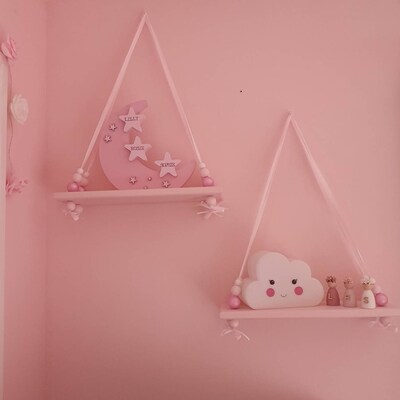 Wooden Swing Shelf Pink Painted Shelf Nordic Style Shelf Hanging Bead ...