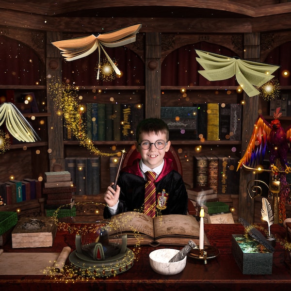 Wizard Office Digital Backdrop, Wizard Desk With Phoenix and Magic ...