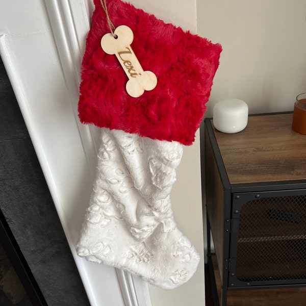 Dog Stocking, Dog Christmas Stocking, Ivory Embossed Paw Stocking, Red ...