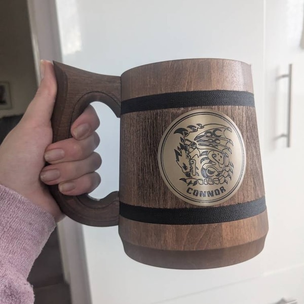 Witcher Mug Wooden Beer Stein With Personalized Etched Plaque Gift for ...