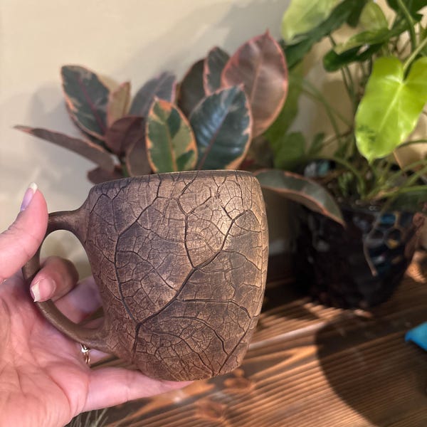 Ceramic Mug With Leaves Impressions Pottery Mug Handmade, Leaf Mug ...