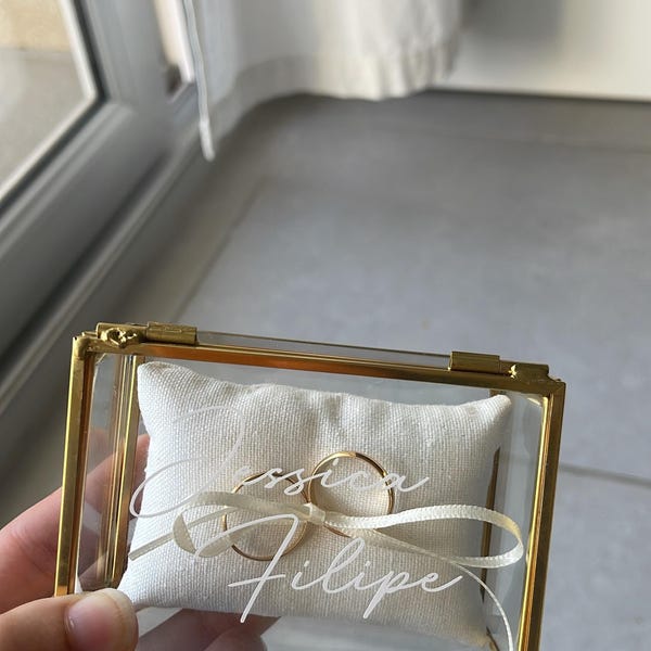 Ring Box Gold With Beige Pillow | Glass Ring Box Square | Personalized ...