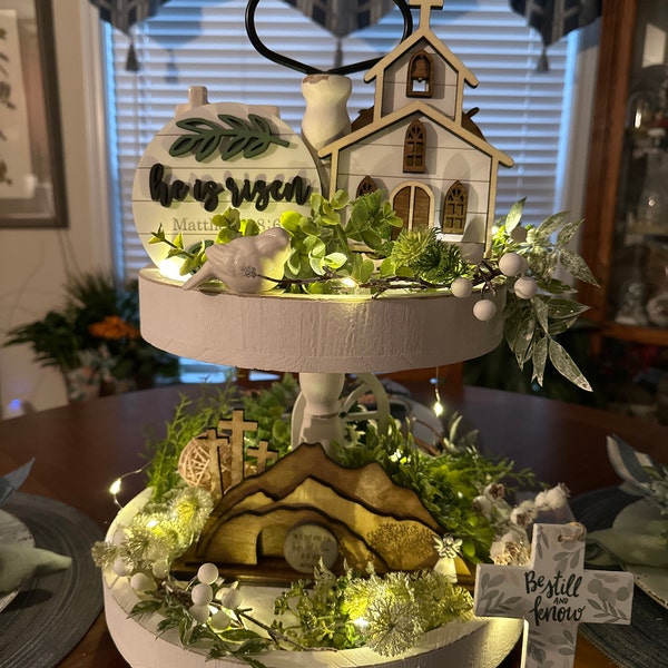 Easter Tiered Tray Decor , Easter Tier Tray , He is Risen, Religious ...
