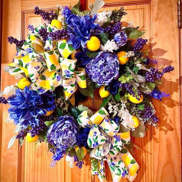 Lemons on Royal Wired Ribbon, Lemons, 2.5" X 10 Yards Ribbon, Wreath ...